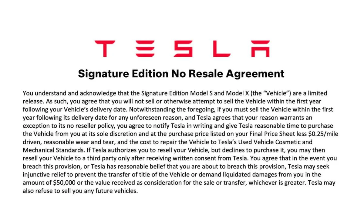 Tesla Caps Signature Edition Resale With $50,000 Damages Clause | EV
